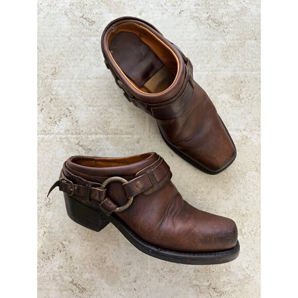 Frye | Shoes | Frye Brown Leather Belted Harness Western Clog Mule ...